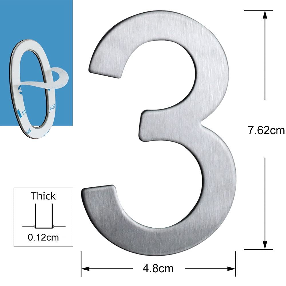 3 Inch House Numbers Sticker Stainless Steel, Self-Stick Metal Address Mailbox Number Satin Sign 3