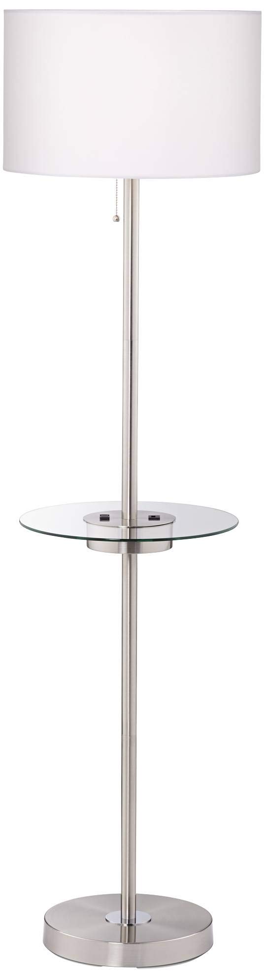360 Lighting Caper Modern Floor Lamp with Tray USB and AC Power Outlet on Table Glass 60.5" Tall Satin Nickel White Fabric Drum Shade for Living Room Reading House Bedroom