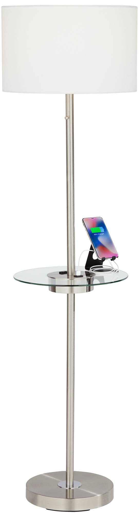 360 Lighting Caper Modern Floor Lamp with Tray USB and AC Power Outlet on Table Glass 60.5" Tall Satin Nickel White Fabric Drum Shade for Living Room Reading House Bedroom