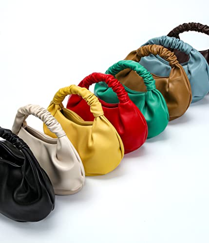 Pettata Chic Top Handle Bag for Women Small Ruched Hobo Handbag Beige Soft Faux Leather Tote Bags Purse