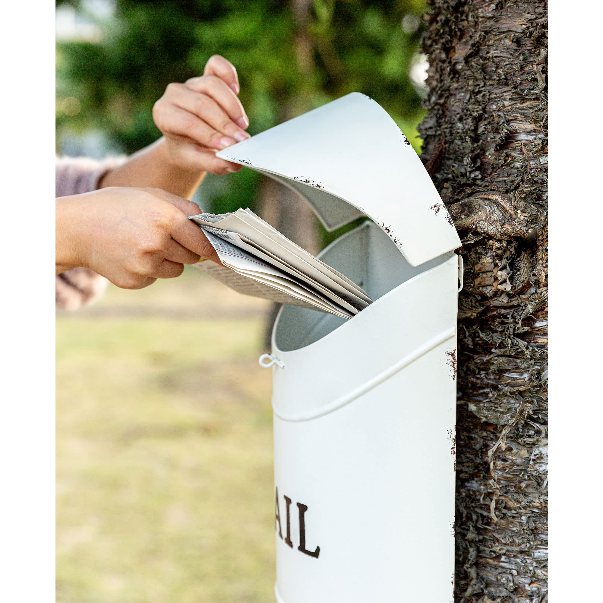 Rustic White Wall Mounted Mailbox Outdoor Metal Decorative Post Mail Box, Home Office Parcel Box with Drop Slot Secure Lock
