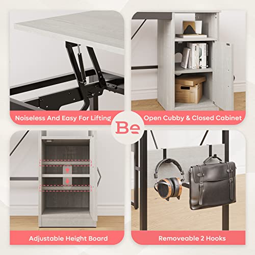 Bestier Lift Top Reversible L Shaped Desk with File Cabinet Standing Computer Desk with Storage Height Adjustable Home Office Desk Corner Desk Long Table for 2 People Bedroom Living Room(Wash White)