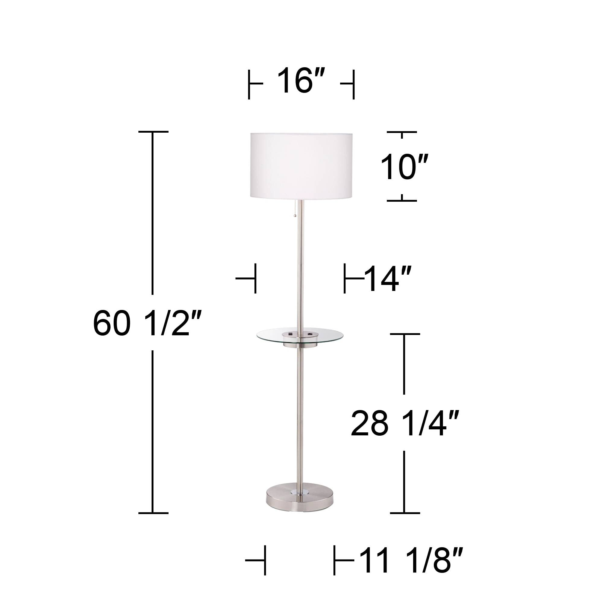 360 Lighting Caper Modern Floor Lamp with Tray USB and AC Power Outlet on Table Glass 60.5" Tall Satin Nickel White Fabric Drum Shade for Living Room Reading House Bedroom