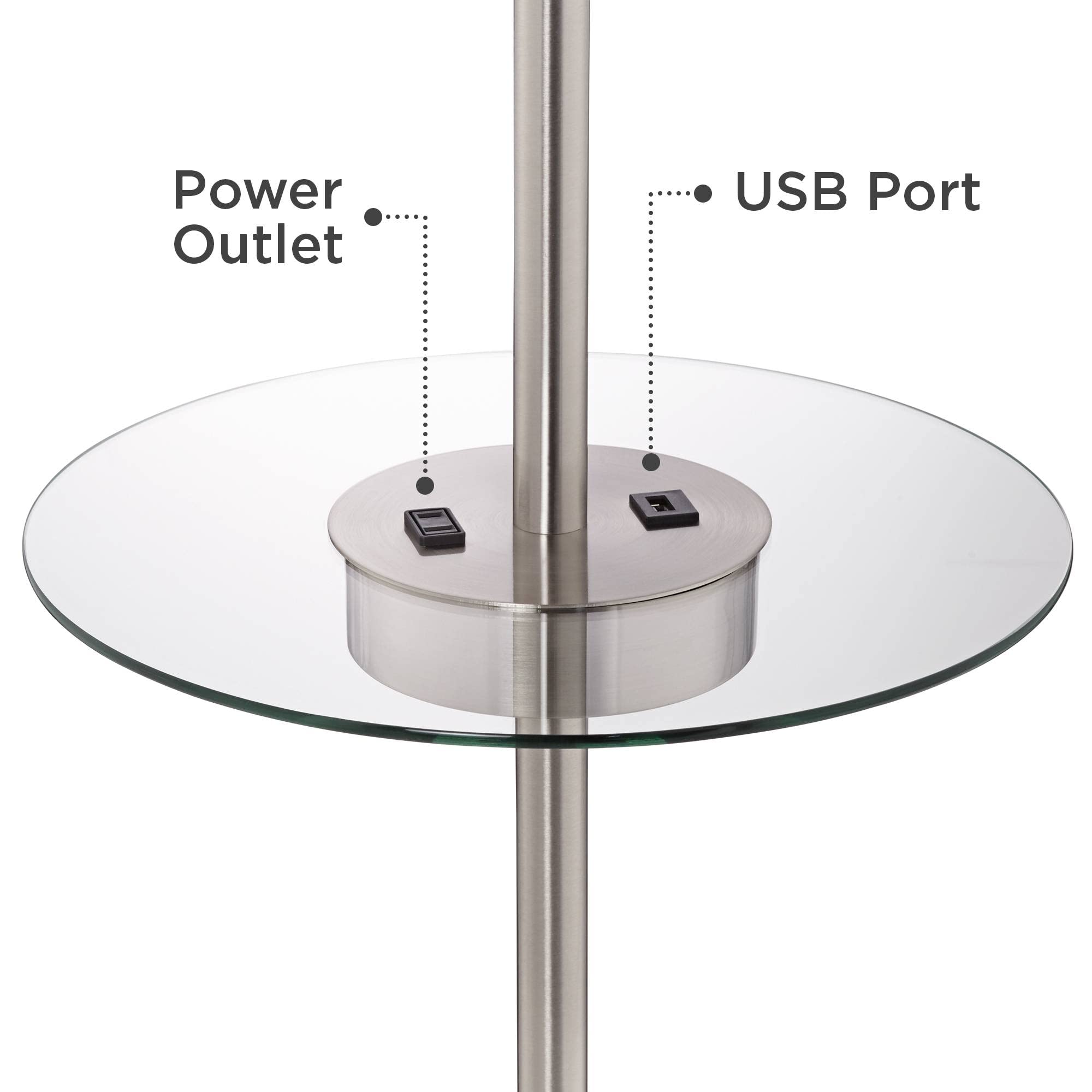 360 Lighting Caper Modern Floor Lamp with Tray USB and AC Power Outlet on Table Glass 60.5" Tall Satin Nickel White Fabric Drum Shade for Living Room Reading House Bedroom