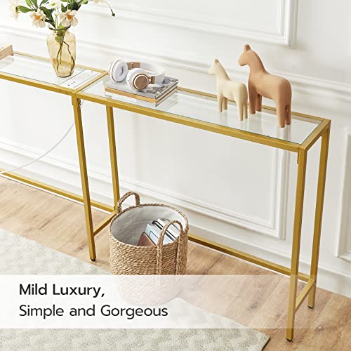 HOOBRO Gold Console Table, 70.9" Tempered Glass Sofa Table, Modern Extra Long Entryway Table with USB Ports, Behind Couch Table for Entryway, Hallway, Foyer, Living Room GD18UXG01