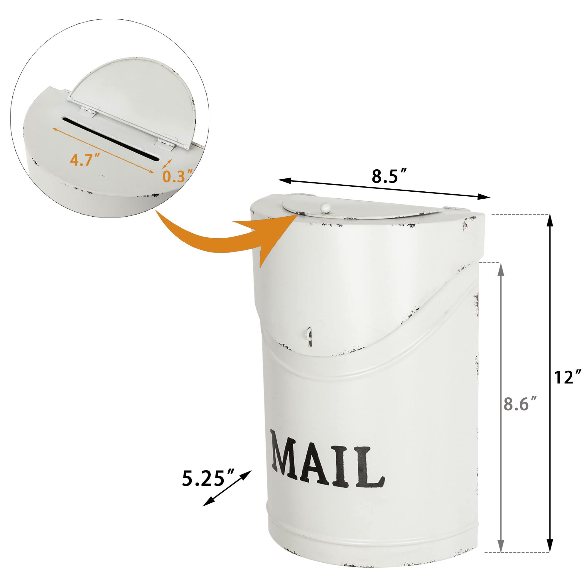 Rustic White Wall Mounted Mailbox Outdoor Metal Decorative Post Mail Box, Home Office Parcel Box with Drop Slot Secure Lock