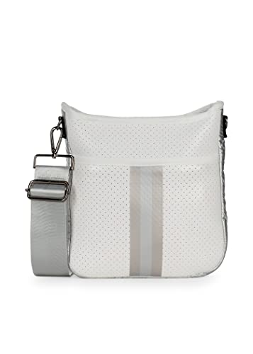 Jeri Vapor Crossbody Tote by Haute Shore, White Coated W/Silver & Rosegold Stripe