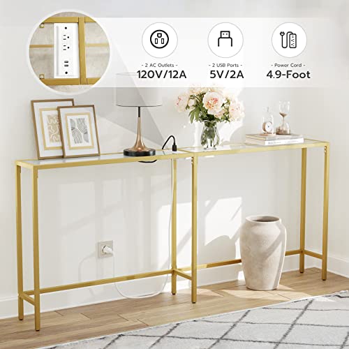 HOOBRO Gold Console Table, 70.9" Tempered Glass Sofa Table, Modern Extra Long Entryway Table with USB Ports, Behind Couch Table for Entryway, Hallway, Foyer, Living Room GD18UXG01