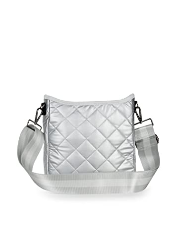 Jeri Vapor Crossbody Tote by Haute Shore, White Coated W/Silver & Rosegold Stripe