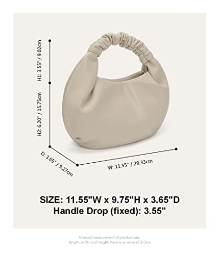 Pettata Chic Top Handle Bag for Women Small Ruched Hobo Handbag Beige Soft Faux Leather Tote Bags Purse