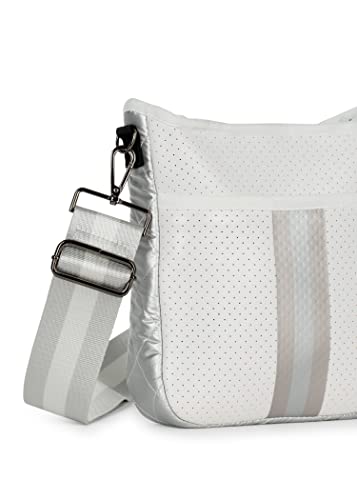 Jeri Vapor Crossbody Tote by Haute Shore, White Coated W/Silver & Rosegold Stripe