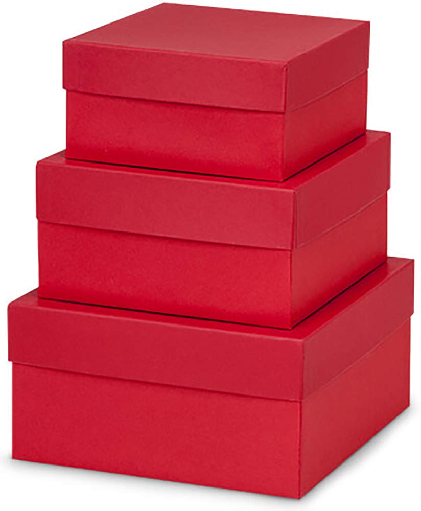 Made in USA Recycled Paper Kraft Boxes – 6.25”, 7.25” & 8.25” – Nested Squared Boxes with Lids (Large Set of 3 - Wild Cherry Red)