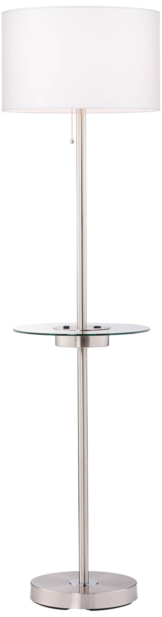 360 Lighting Caper Modern Floor Lamp with Tray USB and AC Power Outlet on Table Glass 60.5" Tall Satin Nickel White Fabric Drum Shade for Living Room Reading House Bedroom