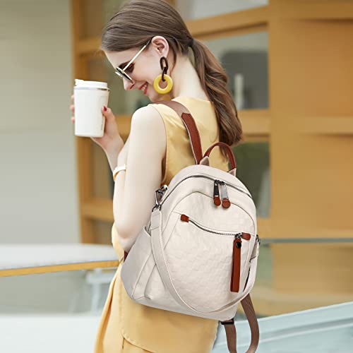 Wesccimo Genuine Leather Backpack Purse For Women Beige Real Soft Leather Large Rucksack Convertible Shoulder Bag Beige