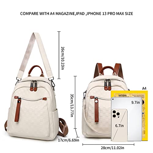 Wesccimo Genuine Leather Backpack Purse For Women Beige Real Soft Leather Large Rucksack Convertible Shoulder Bag Beige