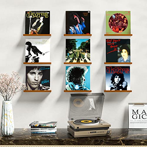 ZVMTTOY 9 Pieces Vinyl Record Shelf, Record Display Shelf - Pine Wood Record Shelves - Wall Mount Lp Albums Record Holder - Vintage Brown Vinyl Shelf for Display Your LP Record & Home Decor