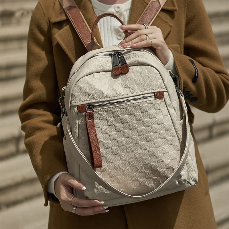 Wesccimo Genuine Leather Backpack Purse For Women Beige Real Soft Leather Large Rucksack Convertible Shoulder Bag Beige