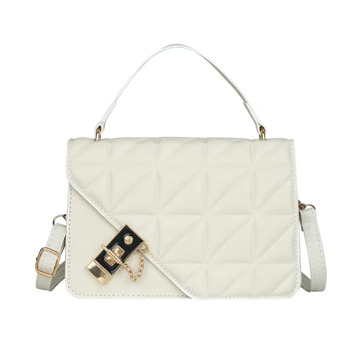 Ladies crossbody leather handbag in three classic colors with a creative geometric design and a small buckle chain closure. (White)