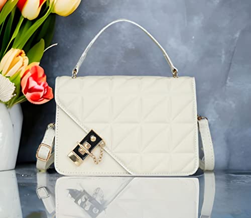 Ladies crossbody leather handbag in three classic colors with a creative geometric design and a small buckle chain closure. (White)