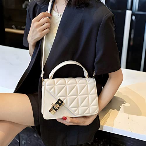 Ladies crossbody leather handbag in three classic colors with a creative geometric design and a small buckle chain closure. (White)