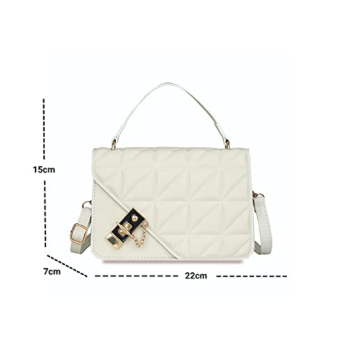 Ladies crossbody leather handbag in three classic colors with a creative geometric design and a small buckle chain closure. (White)