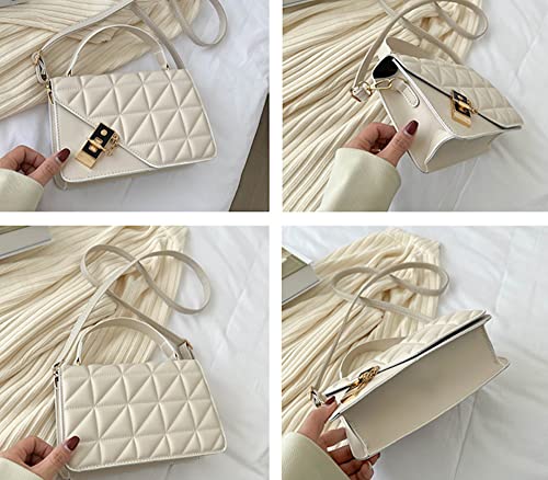 Ladies crossbody leather handbag in three classic colors with a creative geometric design and a small buckle chain closure. (White)
