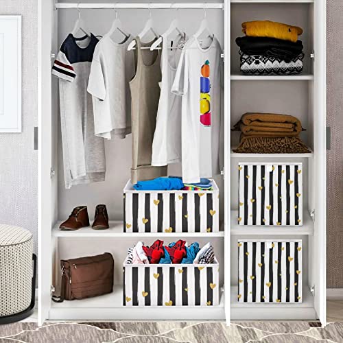 Kigai Black and White Stripes with Hearts Cube Storage Bin 15.7x10.6x7 in, Large Organizer Collapsible Storage Basket for Shelves, Closet, Storage Room