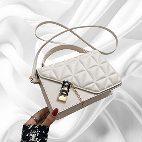 Ladies crossbody leather handbag in three classic colors with a creative geometric design and a small buckle chain closure. (White)