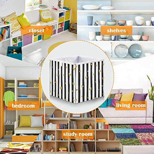 Kigai Black and White Stripes with Hearts Cube Storage Bin 15.7x10.6x7 in, Large Organizer Collapsible Storage Basket for Shelves, Closet, Storage Room