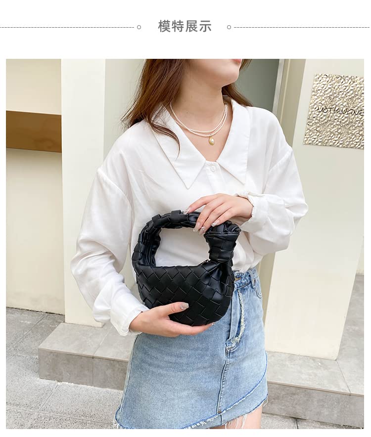 Bella Luna Mini Knotted Woven Hobo Bag | Shoulder Handbag or Purse | Women’s Designer Fashion Soft Faux Leather Bag (Black)