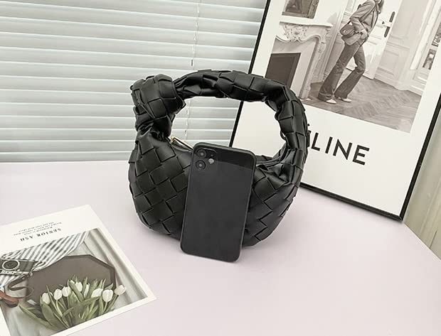 Bella Luna Mini Knotted Woven Hobo Bag | Shoulder Handbag or Purse | Women’s Designer Fashion Soft Faux Leather Bag (Black)