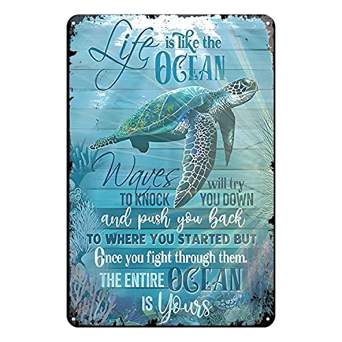 Sea Turtle Life is Like The Ocean Tin Sign Wall Art Canvas Print Funny Vintage Retro Paintings Home Bedroom Bathroom Decor Picture Vertical 8x12 inches