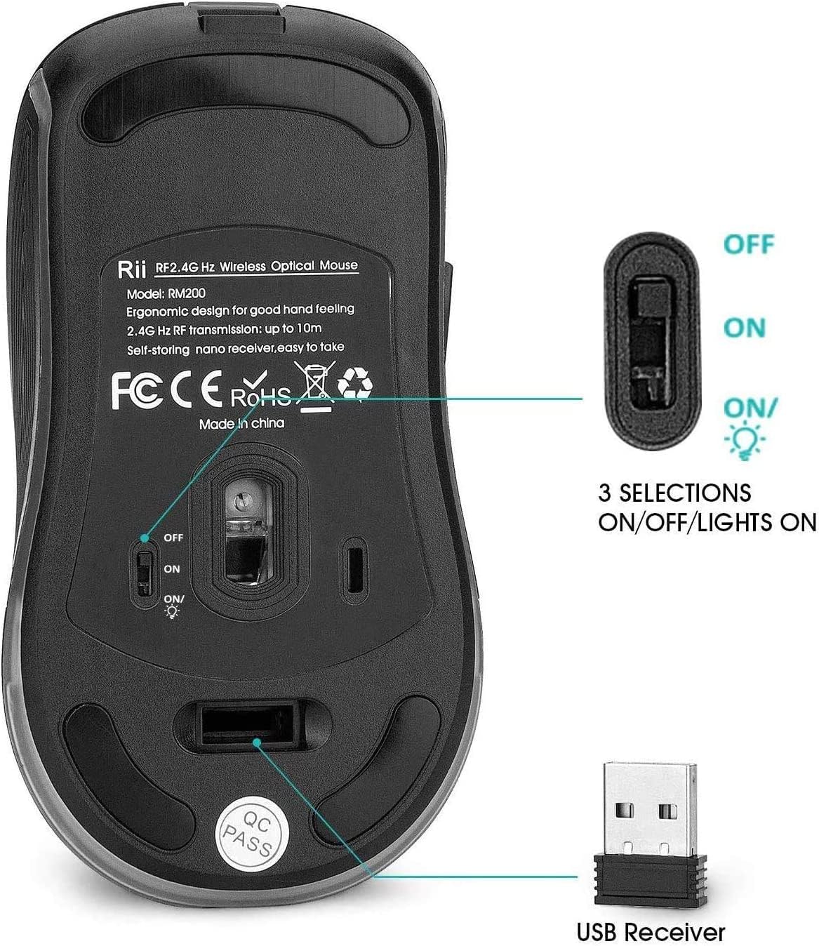 Rii RM200 2.4G Wireless Mouse with USB Nano Receiver, 5 Buttons Rechargeable Mouse,Colorful Backlit RGB Gaming Mouse for Notebook,PC,Computer-Black