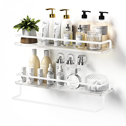 Acliys Floating Shelves Arcylic Bathroom Shelves with Towel Bar Wall Mounted Storage Shelves for Bathroom/Living Room/Kitchen/Bedroom Set of 2（White）