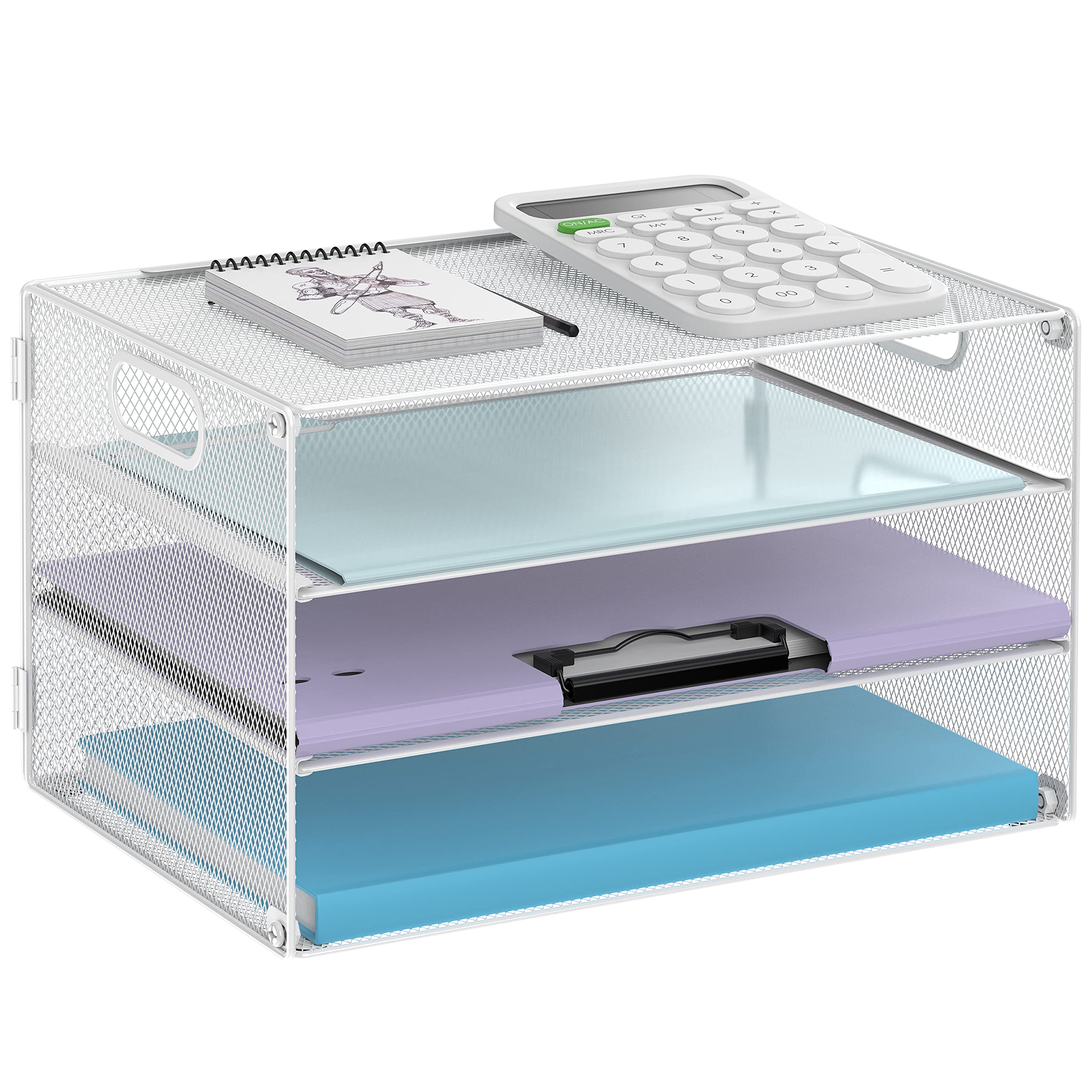 DALTACK 3 Tier Letter Tray Paper Organizer with Handle, Mesh Desk File Organizer, Paper Tray Desk Organizer for School Office Home, Metal Mesh, White