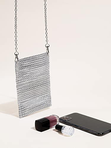 GORGLITTER Women's Rhinestone Decor Clutch Purses Evening Handbag Chain Shoulder Square Bag Phone Purse Silver One Size