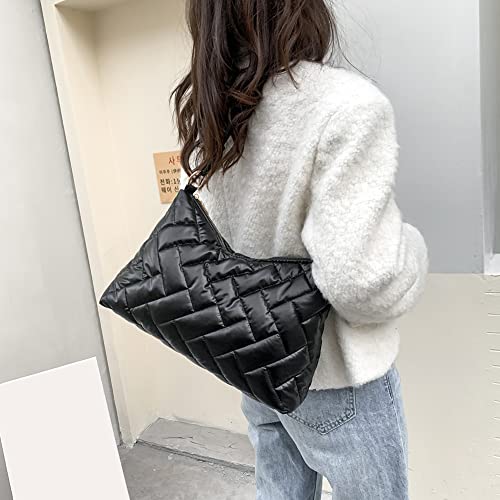 AZURAOKEY Puffer Tote Bag for Women, Quilted Cotton Padded Designer Handbag, Women Nylon Shoulder Bag Design Space Padded Messenger Bag Solid Color Handbag-Black