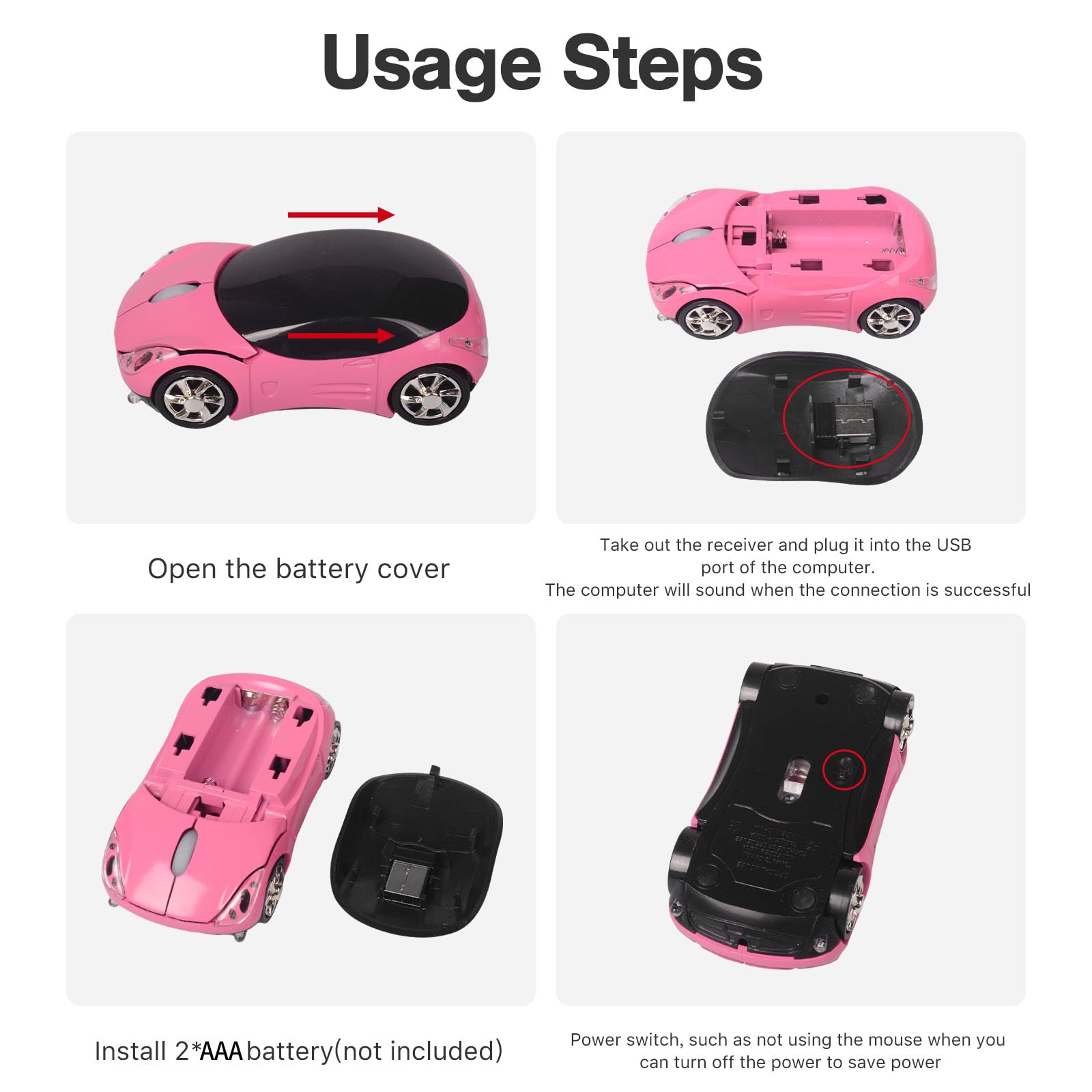 WAONIQ Wireless Mouse, 2.4G Wireless Mouse Car Mouse, Ergonomic Game Mouse with USB Receiver, 1600DPI Optical Mouse, Smart Power Saving, Portable Mouse for PC Windows Laptop Notebook Mac OS(Pink)