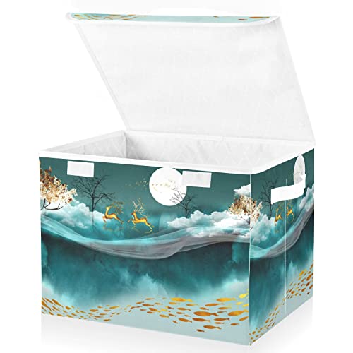 RunningBear 3d Illustration Deer Forest Large Storage Bins with Lid Collapsible Storage Bin Cubes Boxes Cute Bin for Home Office