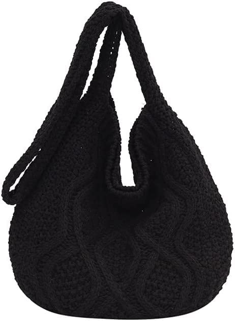 Crochet Beach Bag for Women, Knitted Shoulder Crossbody Handbags, Cute Purses Crocheted Hobo Bag (Color : 02 - Black)