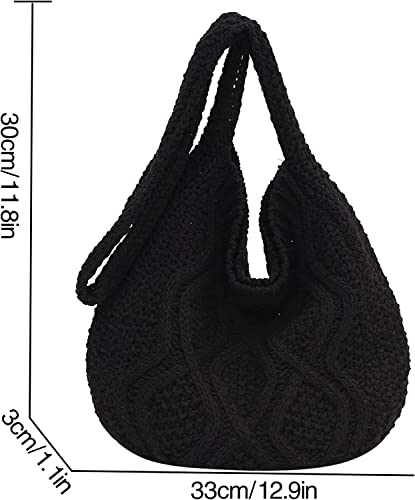 Crochet Beach Bag for Women, Knitted Shoulder Crossbody Handbags, Cute Purses Crocheted Hobo Bag (Color : 02 - Black)
