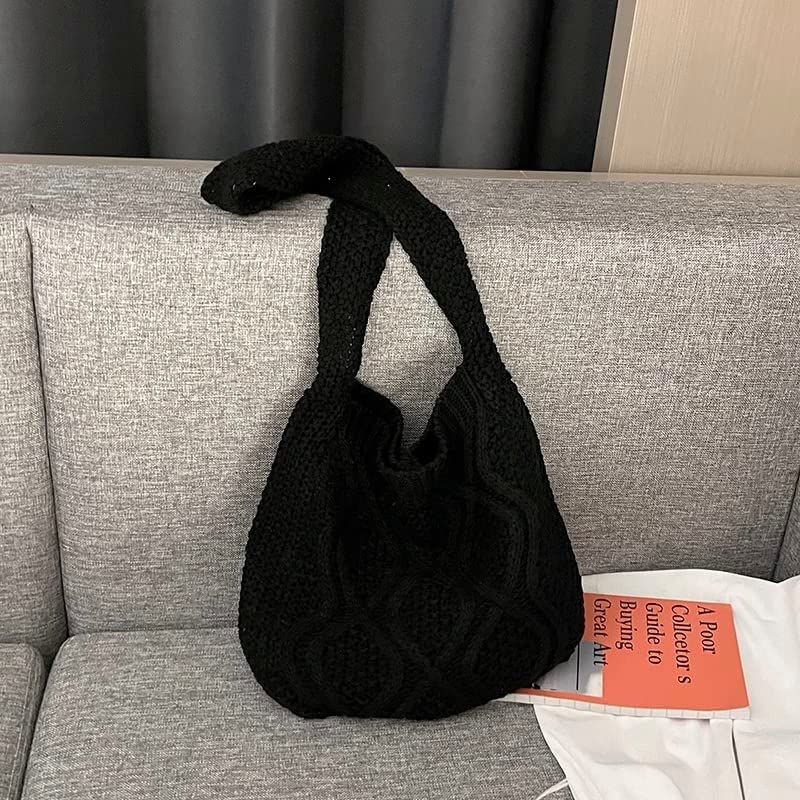 Crochet Beach Bag for Women, Knitted Shoulder Crossbody Handbags, Cute Purses Crocheted Hobo Bag (Color : 02 - Black)