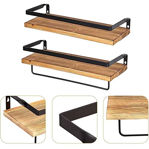 AIM & GGKK Floating Shelves with Towel Bar, Light Brown Wall Shelves for Bathroom/Living Room/Bedroom.(Set of 2)
