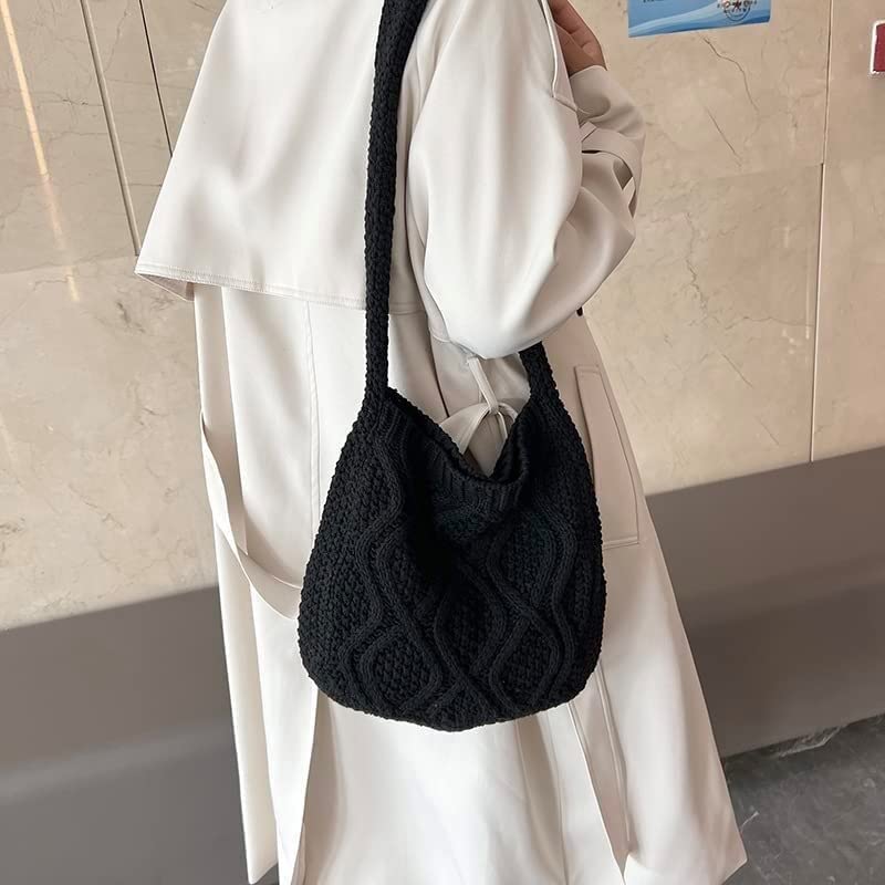 Crochet Beach Bag for Women, Knitted Shoulder Crossbody Handbags, Cute Purses Crocheted Hobo Bag (Color : 02 - Black)