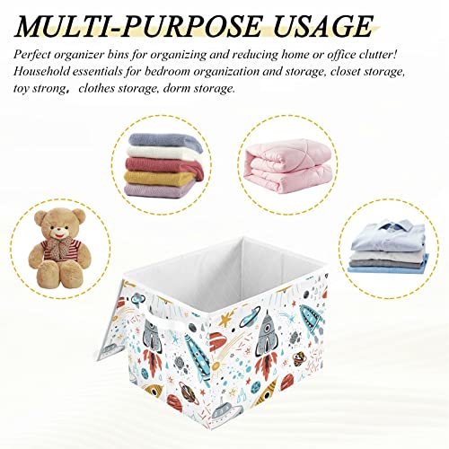 Space Rockets Planets Storage Bin with Lid Large Oxford Cloth Storage Boxes Foldable Home Cube Baskets Closet Organizers for Nursery Bedroom Office