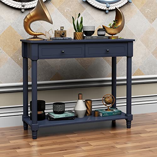 Karl home Console Table with 2 Drawers, Narrow Sofa Side Table Entryway Desk with Bottom Storage Shelf, TV Stand for Living Room Hallway Office, Navy Blue/Black 29.7" H