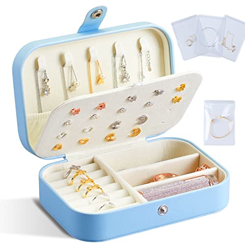 INSFIT Jewelry Box, Pu Leather Travel Jewelry Storage Case Mini Jewelry case Double Layer Small Jewelry Box for Women Girls Gift/Blue