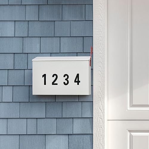 Nunsino Wall-Mounted Mailbox with Flag Kit and 3 Sets of Number Stickers, Metal Post Box, Rust-Resistant for Outside Use,15.24” L x 4.72”W x 10.43”H, White