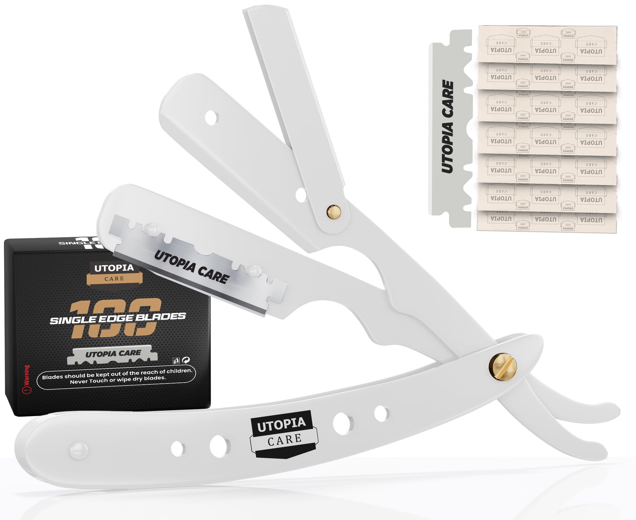 Utopia Care Professional Barber Straight Edge Razor Safety with 100-Pack Blades - 100 Percent Stainless Steel (White)