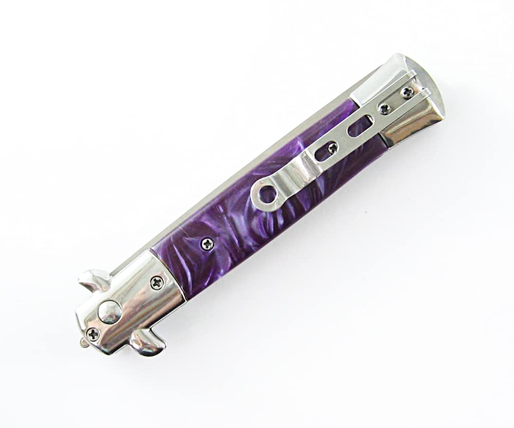 Dark Knight Automatic Switchblade Comb Folding Like Pocket Knife - Metal Blade Italian Style Brush For Men Hair Mustache Beard - Pearl Handle (Purple)